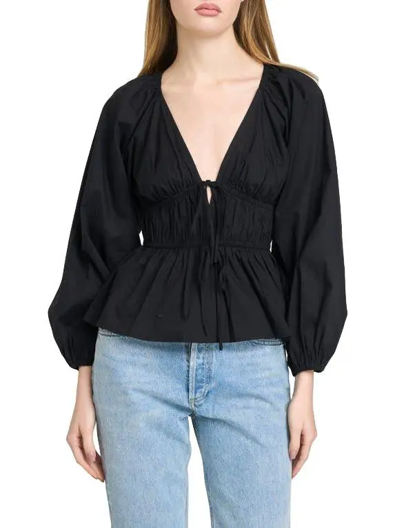 WAYF Jess Drawstring Cotton Poplin Top - Black