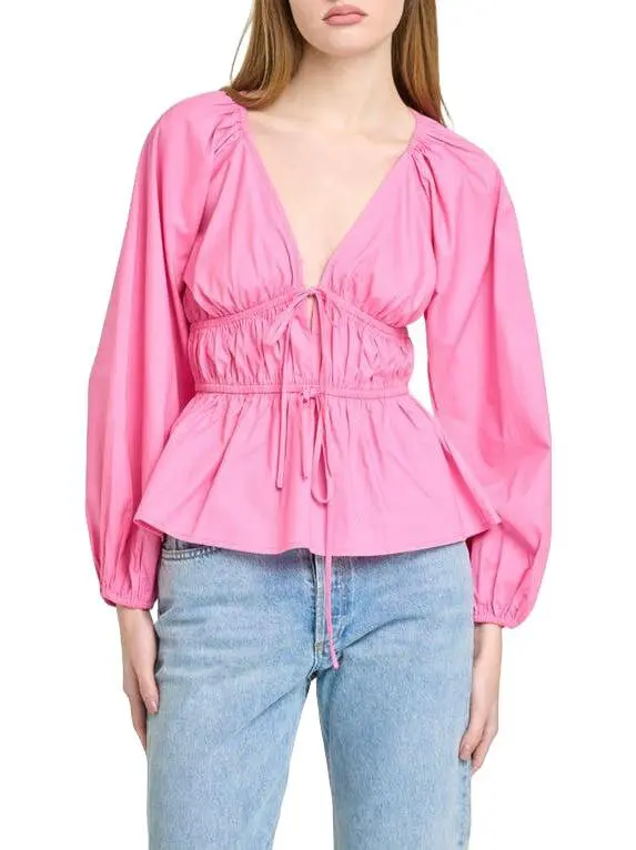 WAYF Jess Drawstring Cotton Poplin Top - Poppy Pink