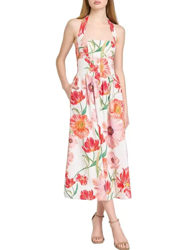 WAYF Camellia Floral Halter Neck Cotton Dress - Ivory Poppies