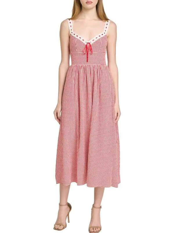 WAYF Gingham Lace Trim Midi Dress - Red