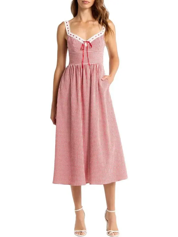WAYF Gingham Lace Trim Midi Dress - Red