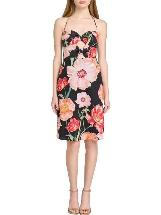 WAYF In Bloom Cutout Halter Neck Stretch Cotton Dress - Black Poppies