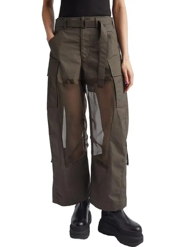 Sacai Mixed Media Wide-leg Cargo Pants - Dark Khaki