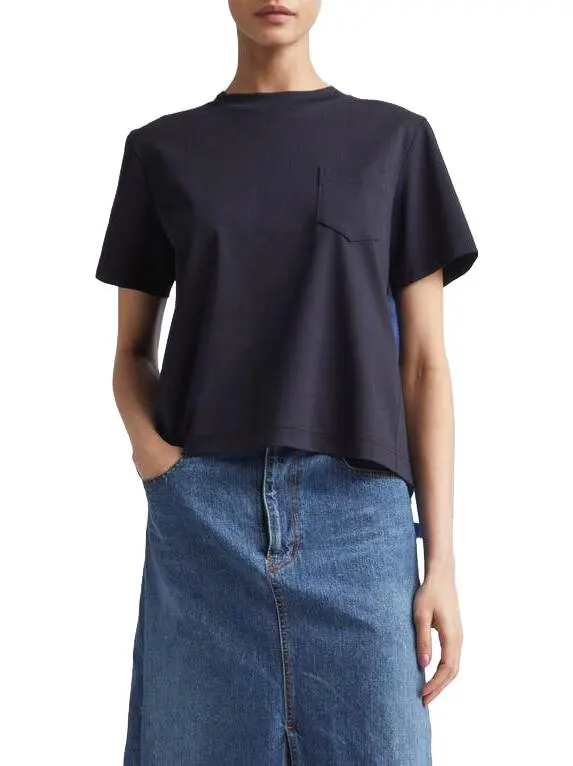 Sacai Mixed Media Pleated Poplin & Jersey Pocket T-shirt - Navy/blue Stripe