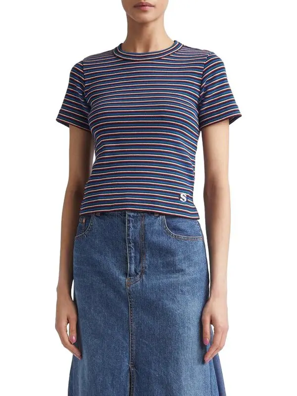 Sacai Stripe Rib Cotton T-shirt - Blue
