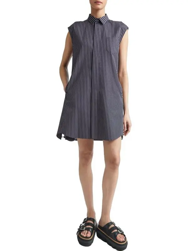 Sacai Stripe Cap Sleeve Poplin & Chiffon Shirtdress - Navy Stripe