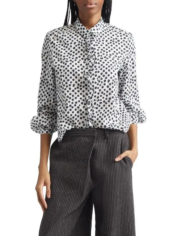 R13 Polka Dot Ruffle Trim Button-up Shirt - White With All Over Polka Dot