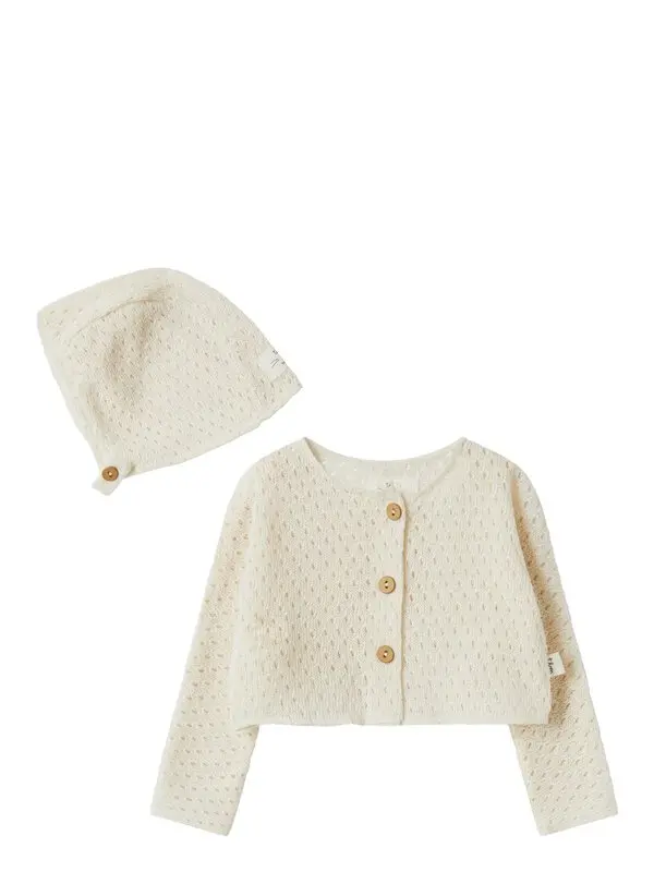 TEDDY & MINOU Openwork Knit Cardigan And Hat Set - White