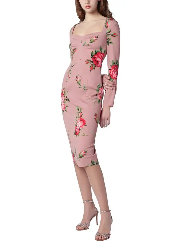 Dolce & Gabbana Bouquet Rose Print Sheath Midi Dress - Pink