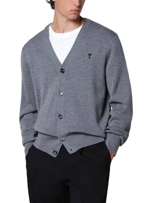 AMI Paris Wool Cardigan With De Coeur Embroidery - Grey