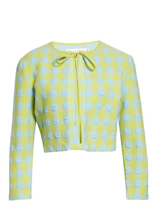 Oscar De La Renta Gingham Jacquard Crop Cardigan - Cerulean/pear