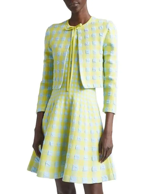 Oscar De La Renta Gingham Jacquard Crop Cardigan - Cerulean/pear