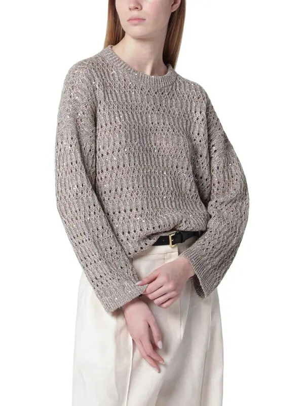 Brunello Cucinelli Crochet Crewneck Sweater With Sequin Embellishment - Beige