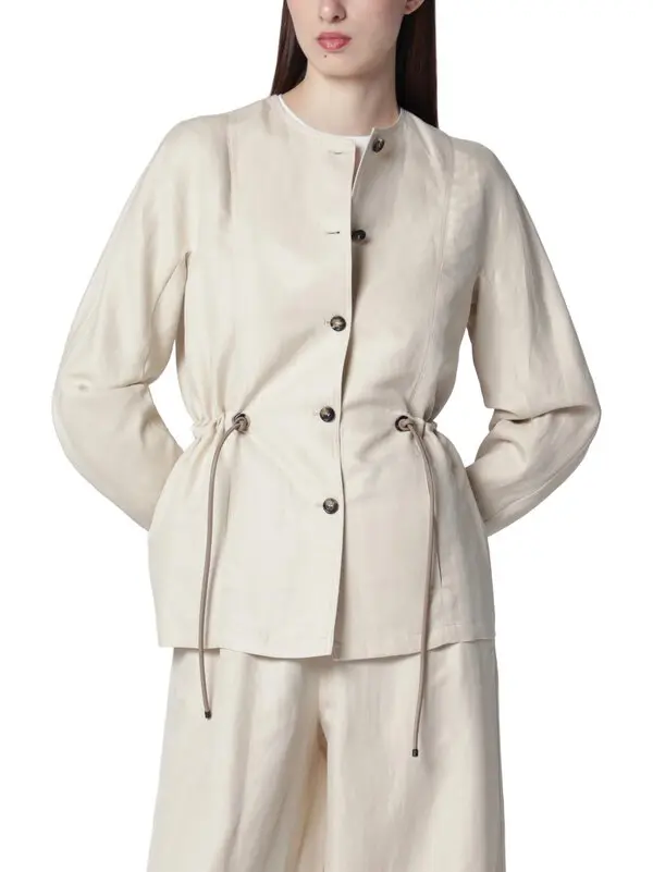 Max Mara Linen And Silk Round-neck Jacket With Drawstring - Beige
