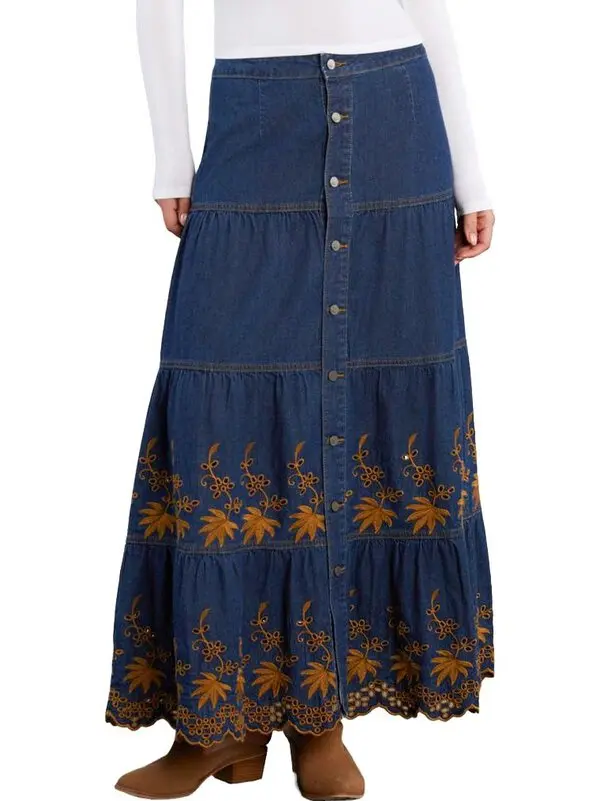 WASH LAB DENIM Tiered Eyelet Denim Midi Skirt - Boho Denim