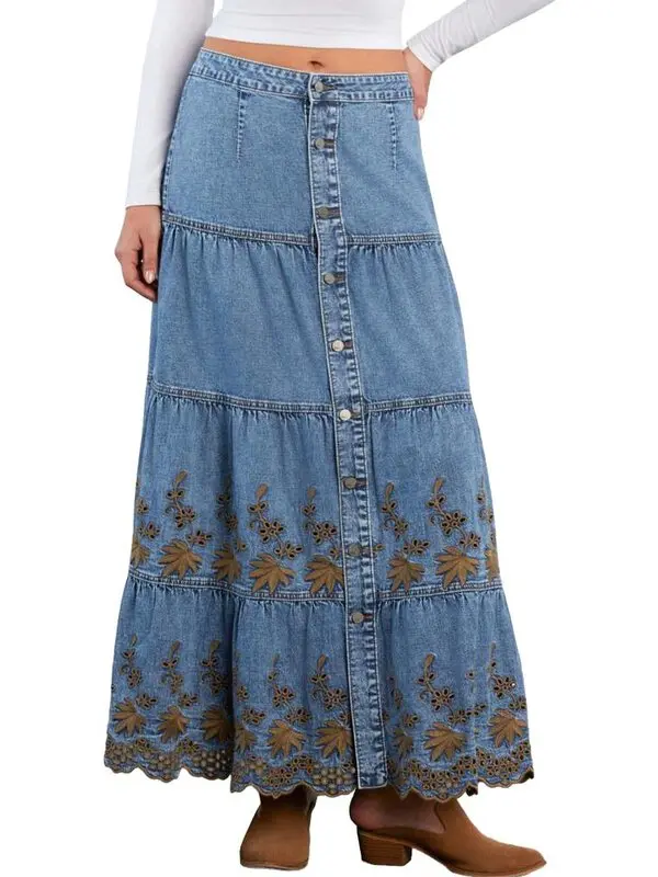 WASH LAB DENIM Tiered Eyelet Denim Midi Skirt - Sky Denim