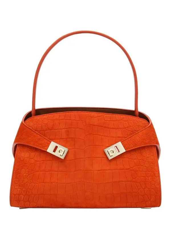 FERRAGAMO Hug Soft Medium Top-handle Bag With Croc Effect - Orange