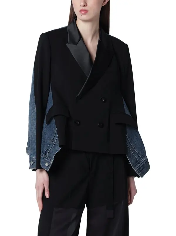 Sacai Double-breasted Jacket With Denim Insert - Black