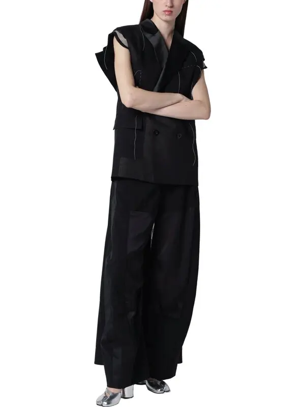 Sacai Wool-blend Organza Long Vest - Black