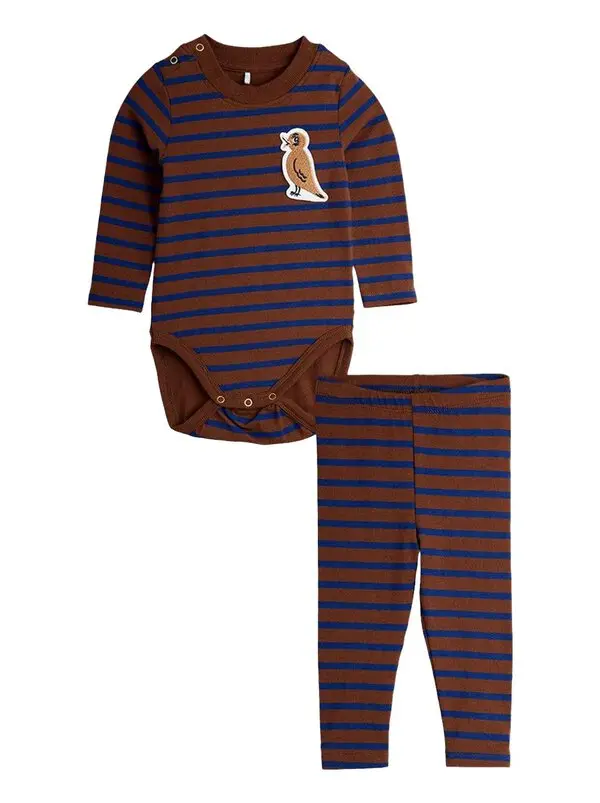 MINI RODINI Stripe Bird Patch Baby Set - Brown