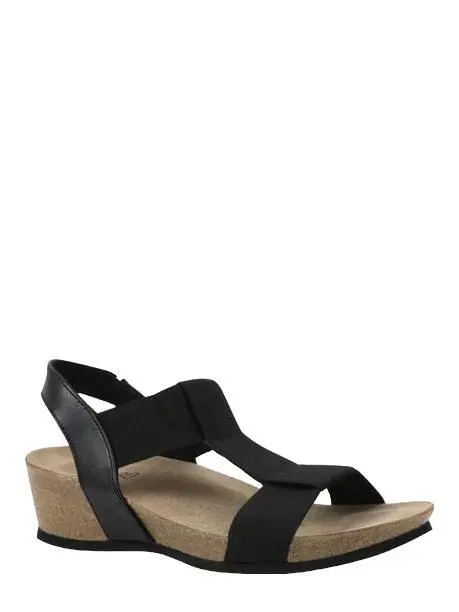 Munro Georgette T-strap Wedge Sandal - Black Patent/gore Combo