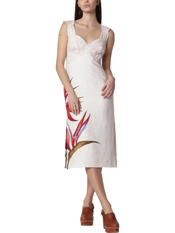 Farm Rio Linen Strelitzia Pattern Sleeveless Midi Dress - White