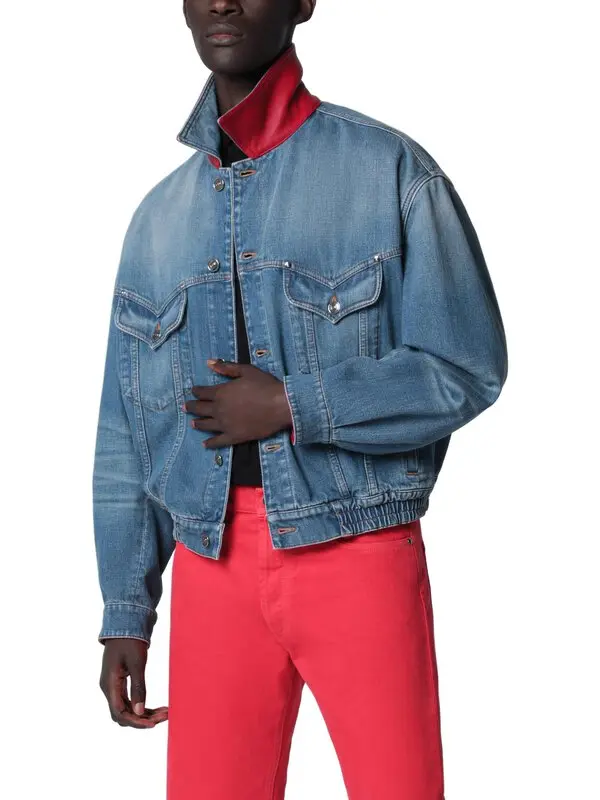 Versace Cotton Denim Jacket With Leather Details - Blue