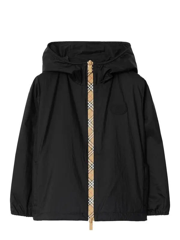 Burberry Nylon Zip-up Hooded Jacket With Check Pattern - Black