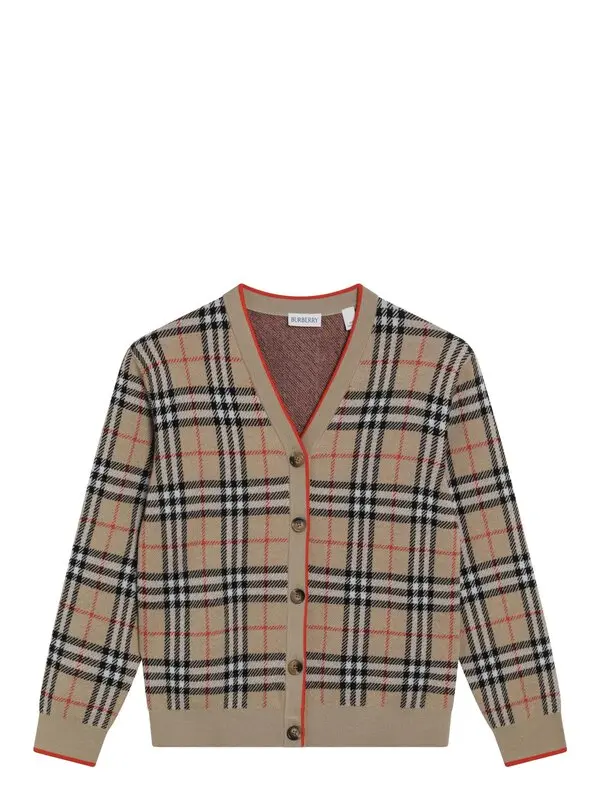 Burberry Wool Cardigan With Check Pattern - Beige