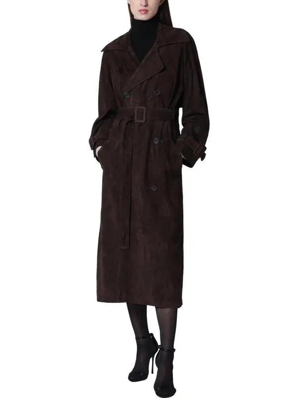 SWORD 6644 Suede Leather Double-breasted Trench Coat - Brown