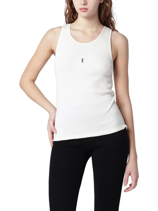 Saint Laurent Ribbed Tank Top With Logo - White