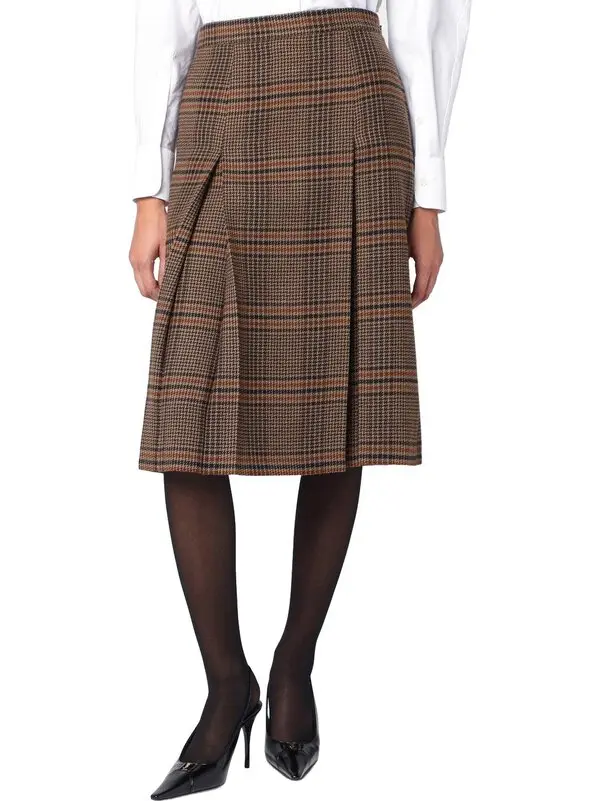 Saint Laurent Prince Of Wales Wool Midi Skirt - Brown