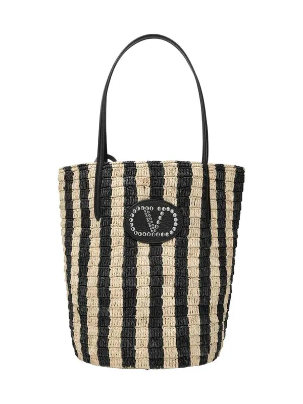Valentino Garavani Striped Raffia And Leather Shoulder Bag - Beige