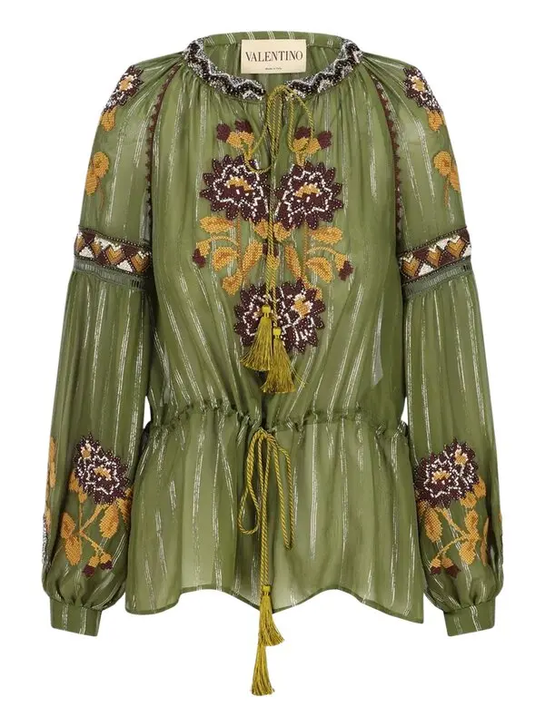 Valentino Garavani Embroidered Lurex Silk Shirt - Green