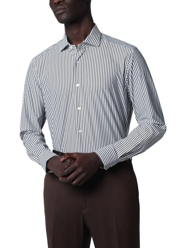 XACUS White Active Striped Tailor Fit Shirt - Brown
