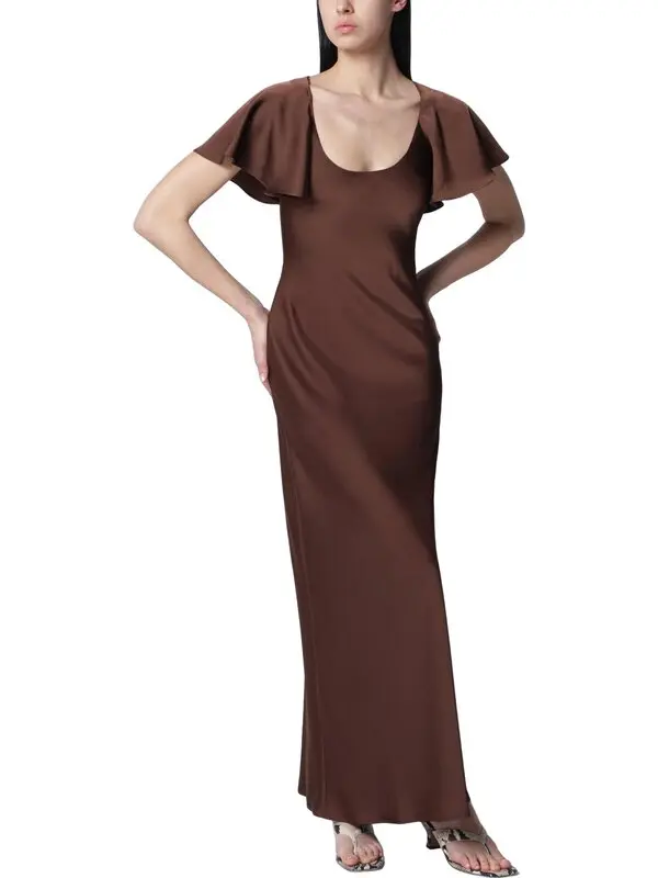 ROTATE BY BIRGER CHRISTENSEN Long Satin Dress With Flutter Sleeves - Brown