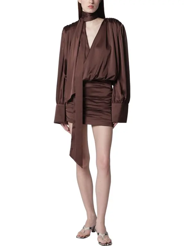 ROTATE BY BIRGER CHRISTENSEN Short Chiffon Dress With Deep V-neck And Bow - Brown