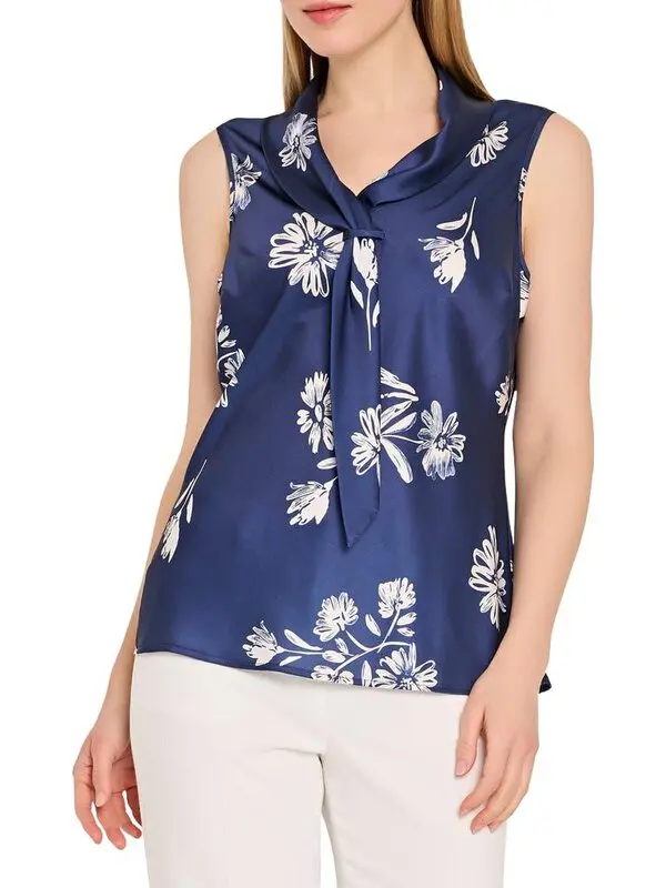 TAHARI ASL Floral Tie Neck Sleeveless Top - Navy Ivory
