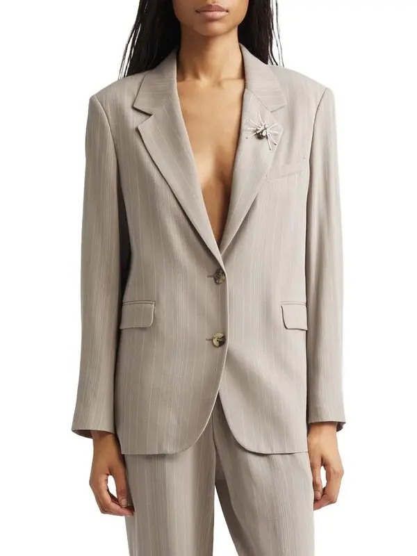 GOLDEN GOOSE Journey Pinstripe Wool Blend Blazer With Lapel Pin - Roasted Cashew
