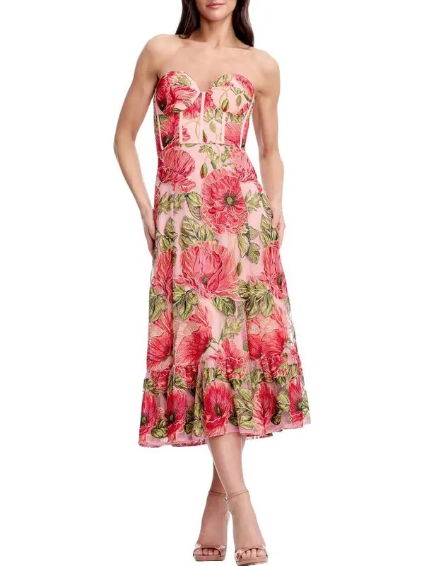 Dress The Population Carina Floral Embroidered Strapless Cocktail Dress - Peach Multi