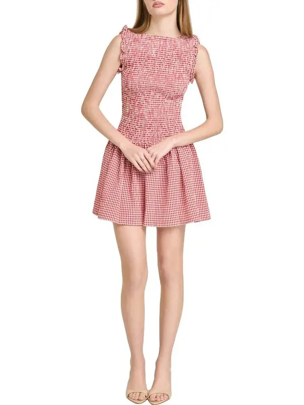 WAYF Esme Gingham Smocked Bodice Mini Dress - Red