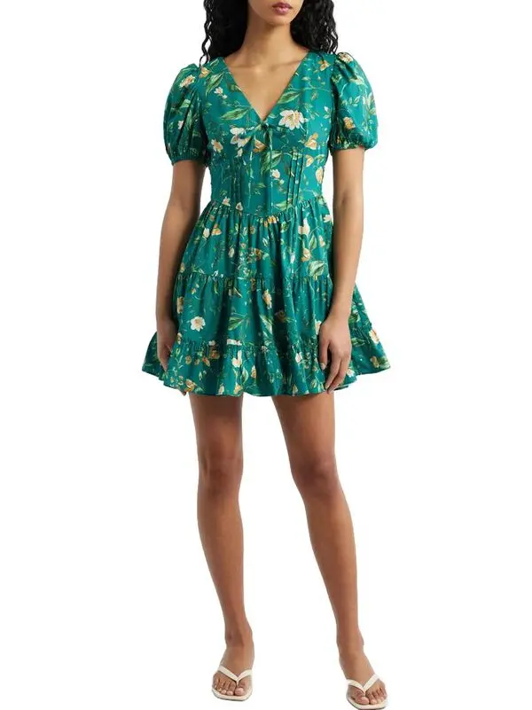 Moon River Floral Pintuck Puff Sleeve Fit & Flare Cotton Sundress - Green Multi