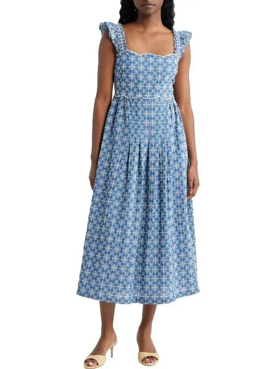 Moon River Embroidered Flutter Sleeve Midi Dress - Blue