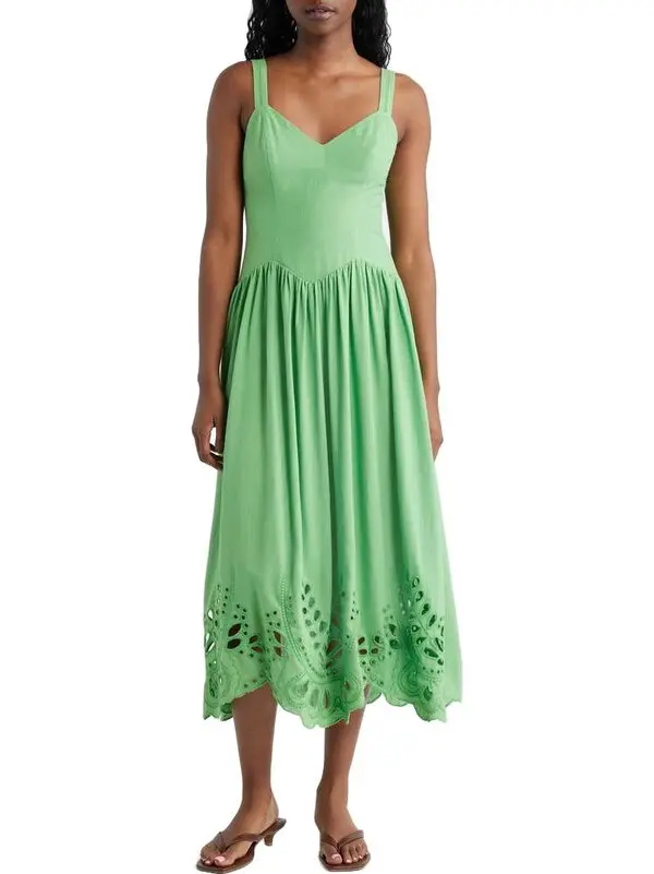 Moon River Eyelet Cotton & Linen Sundress - Green