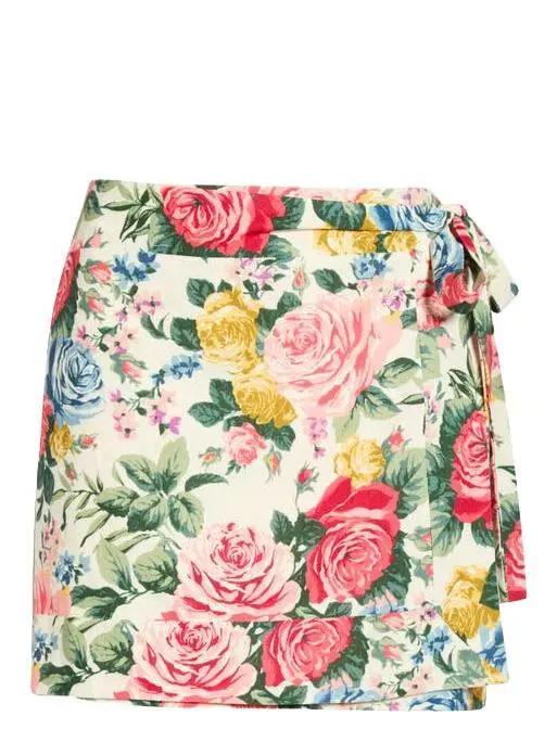 WAYF Floral Linen Blend Wrap Miniskirt - Ivory Roses