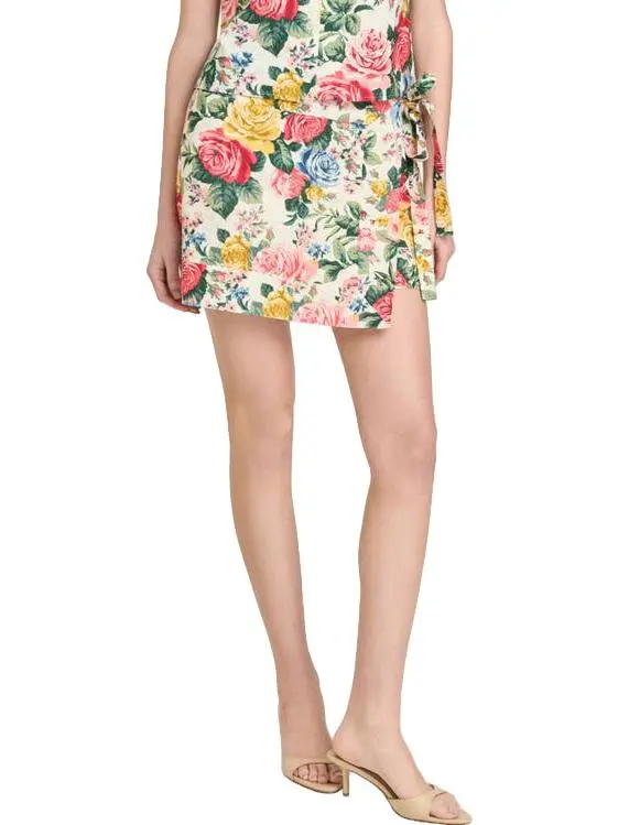 WAYF Floral Linen Blend Wrap Miniskirt - Ivory Roses
