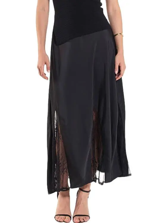 Endless Rose Lace Trim Satin Midi Skirt - Black
