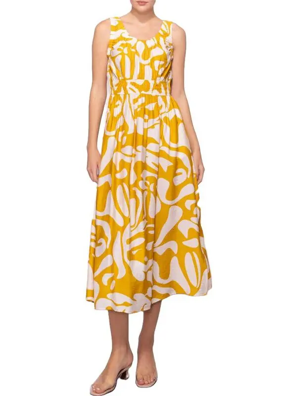 MELLODAY Abstract Print Midi Dress - Ivory/yellow