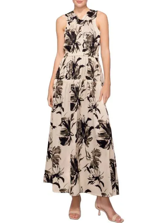 MELLODAY Floral Print Sleeveless Maxi Dress - White Black Floral