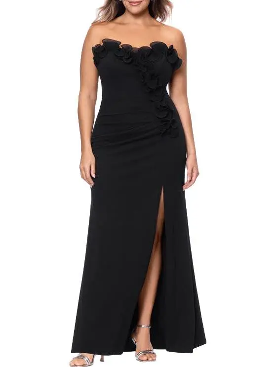 XSCAPE EVENINGS Pleat Ruffle Strapless Scuba Gown - Black